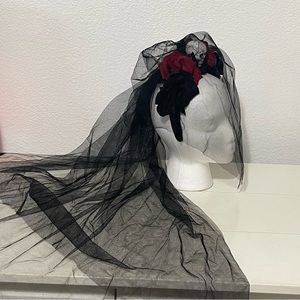 Accessories | Nu Black Burgundy Floral Skull Black Veil Dead Bride ...